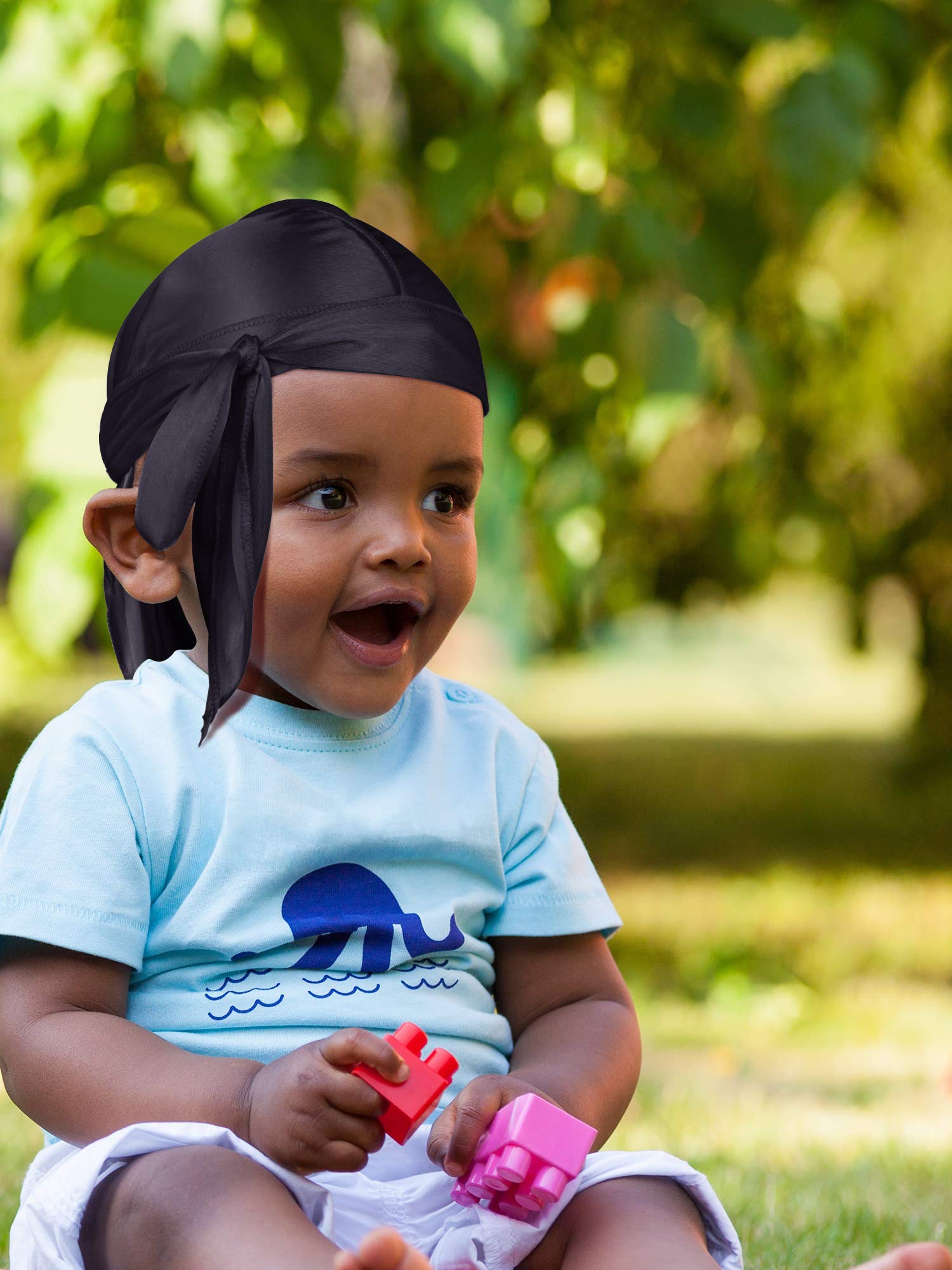 2 Pieces Silky Satin Baby Durags Kids Satin Durag Caps Headwraps with Long Tail and Wide Straps for 360 Waves (Black, Royal Blue)