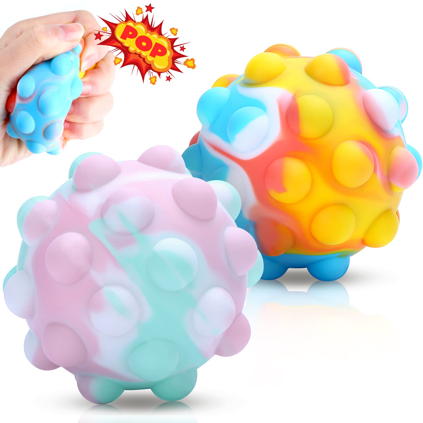 2 Pack Pop Stress Balls Fidget Toys, Fidget Ball Pop Squeeze Ball, Push Pop Bubble Squishy Ball Fidget Toy, Stress Relief Sensory Toys Bath Toys for Toddlers Game Balls Easter Gifts for Kids Adults