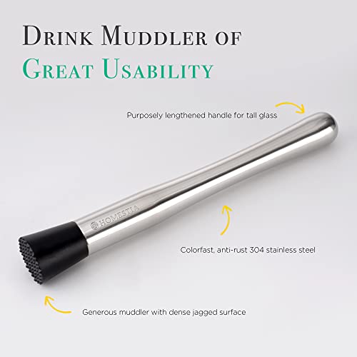 10" Long Muddler for Cocktails, Stainless Steel Drink Muddler for Home Bar Tool Set, Ice Crusher Bartender Kit for Mojito and Fruit Drinks by Homestia