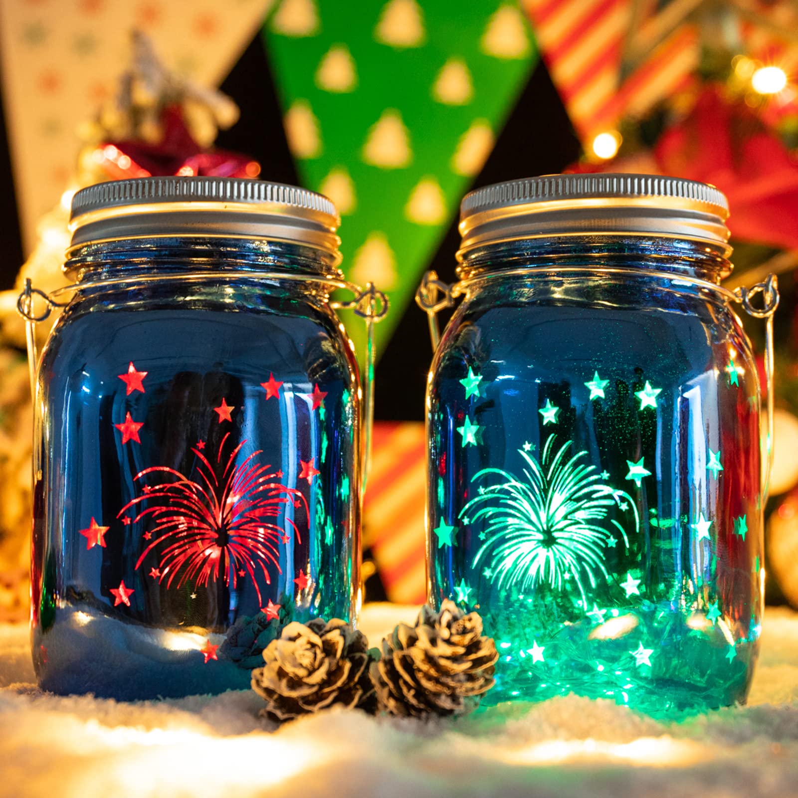 2 Pack Solar Lights Outdoor Decorative Lanterns Waterproof Solar Powered Glass Mason Jar with Color Changing LED Lights for Outdoor Garden Yard Lawn Tabletop Christmas Decorations, Blue