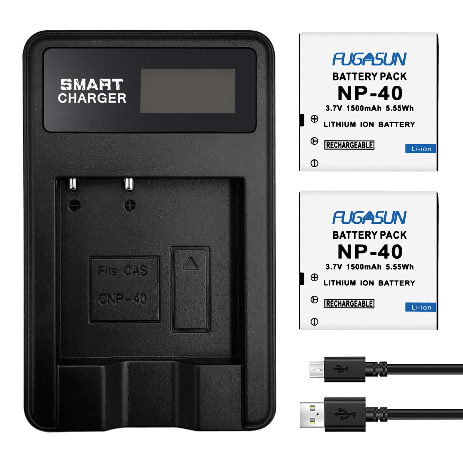 2 pcs 1500 mAh NP-40 Battery with LCD Single NP-40 NP40 Battery Charger for Casio NP-40, Exilim EX-Z600, Z700, Z750, Z1000, Z1050, Z1080