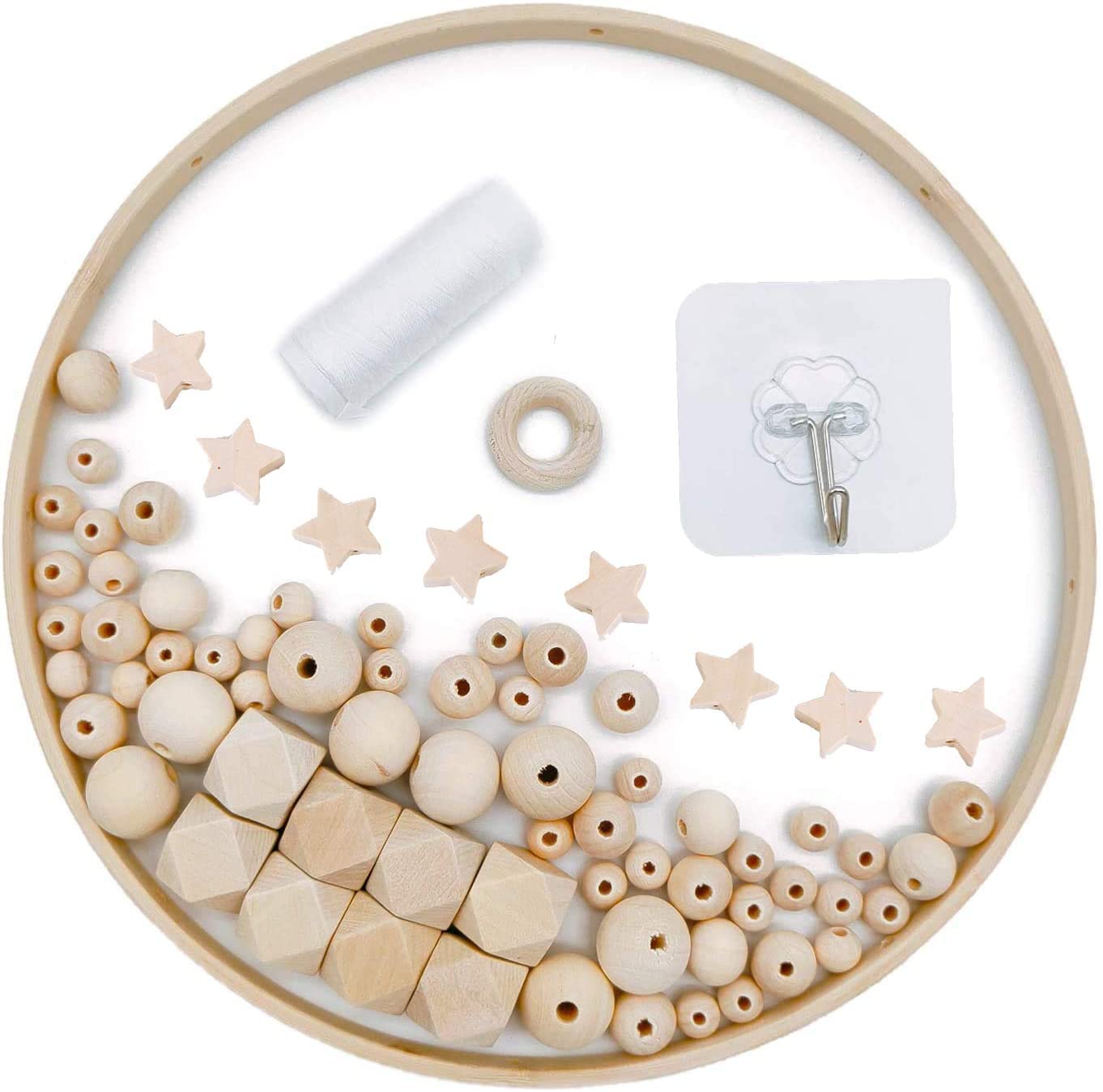 Baby Crib Nursery Mobiles DIY Wooden Beads Dream Catcher Wind Chime Bed Bell for Children Boys Girls Wooden Mobile Babies Bed Room Decoration (Round)
