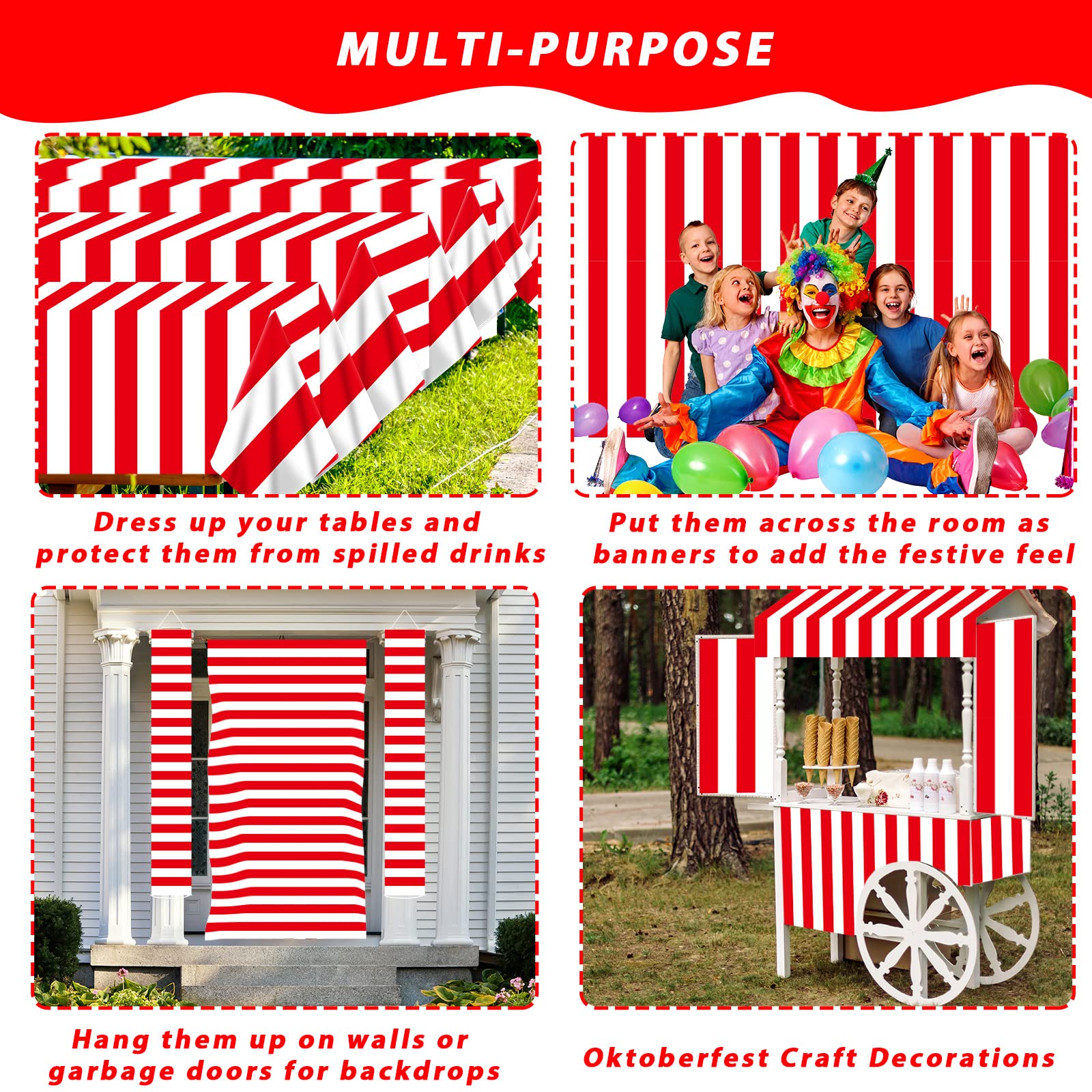 100Ft Long Tablecloth Roll Red and White Striped Tablecloth Carnival Circus Tent Party Supplies Christmas Plastic Picnic Table Cover for Birthday Halloween Party Circus Backdrop Banner Decoration