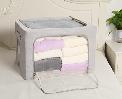 2 Pack Clothes Storage Bins - Foldable Metal Frame Storage Box - Stackable Linen Fabric Organizer Set with Carrying Handles