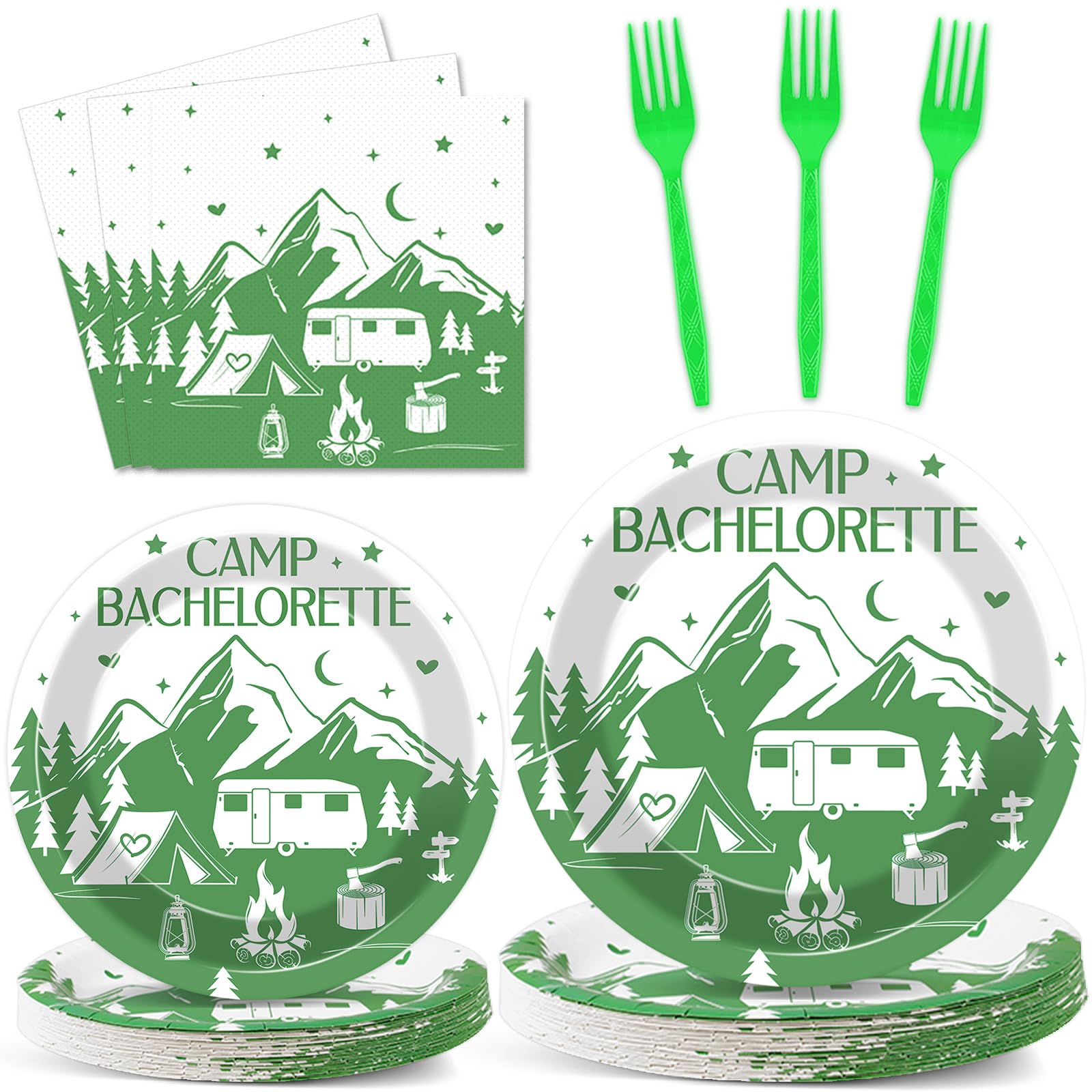 100 PCS Camp Bachelorette Party Supplies Tableware Set Mountain Camp Bachelorette Party Decorations Favors Paper Plates Napkins Forks for Girls Bridal Shower Wedding Engagement Serves 25 Guests