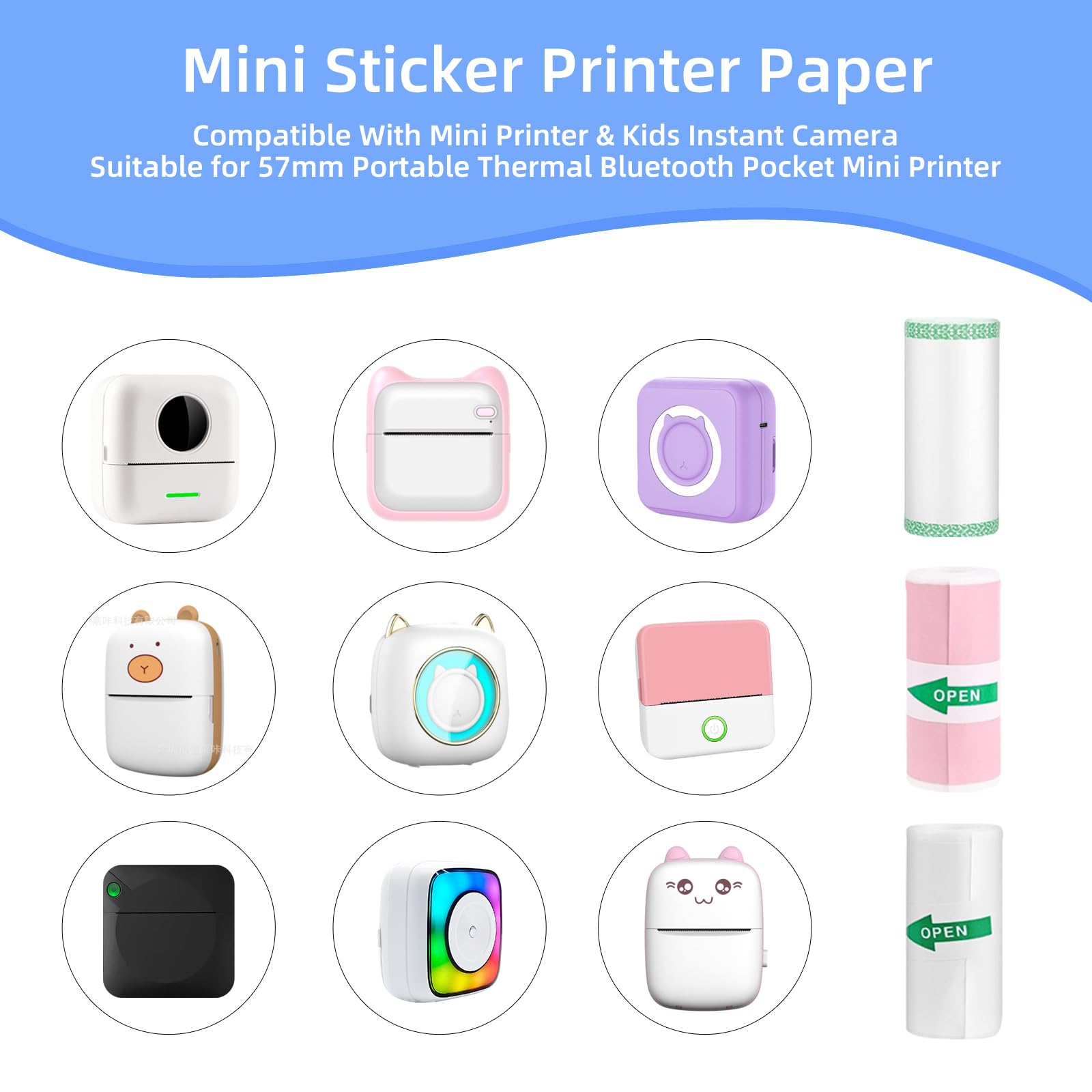 10 Rolls mini printer paper,for Inkless Mini Pocket Printer,Portable Thermal Printer, Sticker Printer Paper,Including 5 rolls of adhesive thermal Paper for Photo Journal Notes Memo, 57x25mm