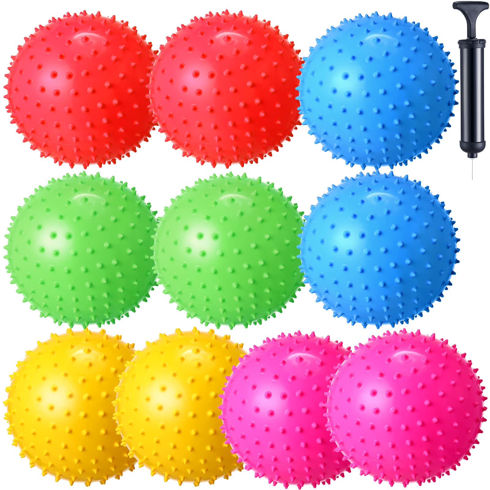 10 Packs Knobby Balls 9 Inches Sensory Balls Fun Bouncy Balls Spiky Toy Balls Inflatable Outdoor Ball Rubber Massage Stress Balls with Hand Air Pump for Party Favors Stocking Stuffers, 5 Colors