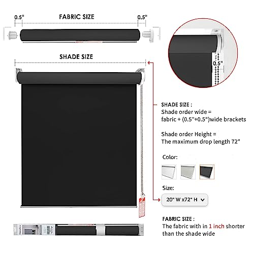 100% Blackout Roller Window Shades, Window Blinds with Thermal Insulated, UV Protection Waterproof Fabric, roll up and Down Blinds for Home and Office (Black - 20" W x 72" H)
