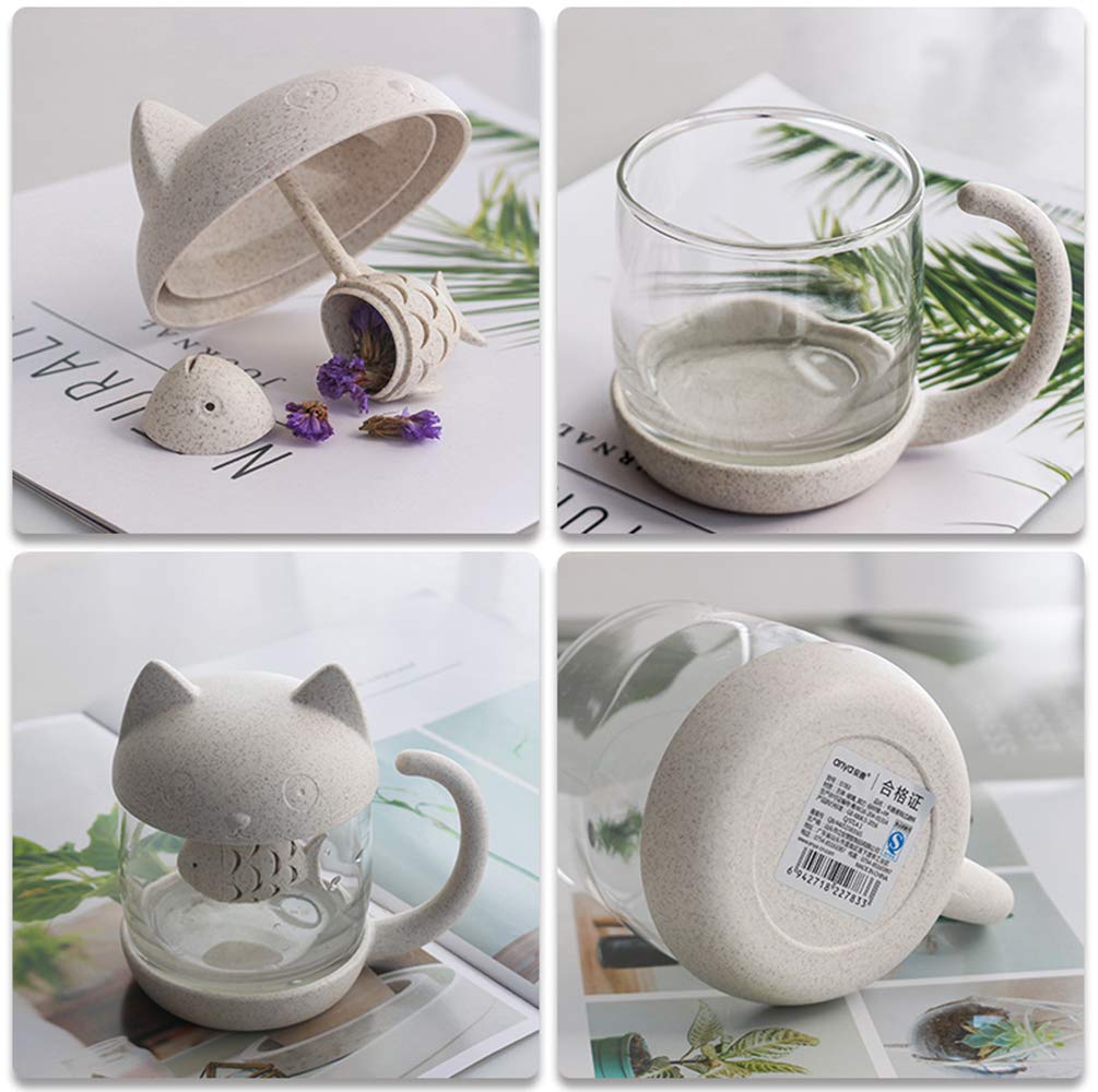 10 oz Cat Glass Cup Tea Mug with Infuser Set and Lid,Glass Teas Mug with Handle,Transparent Tea Cup with Fish Shaped Strainer Filter
