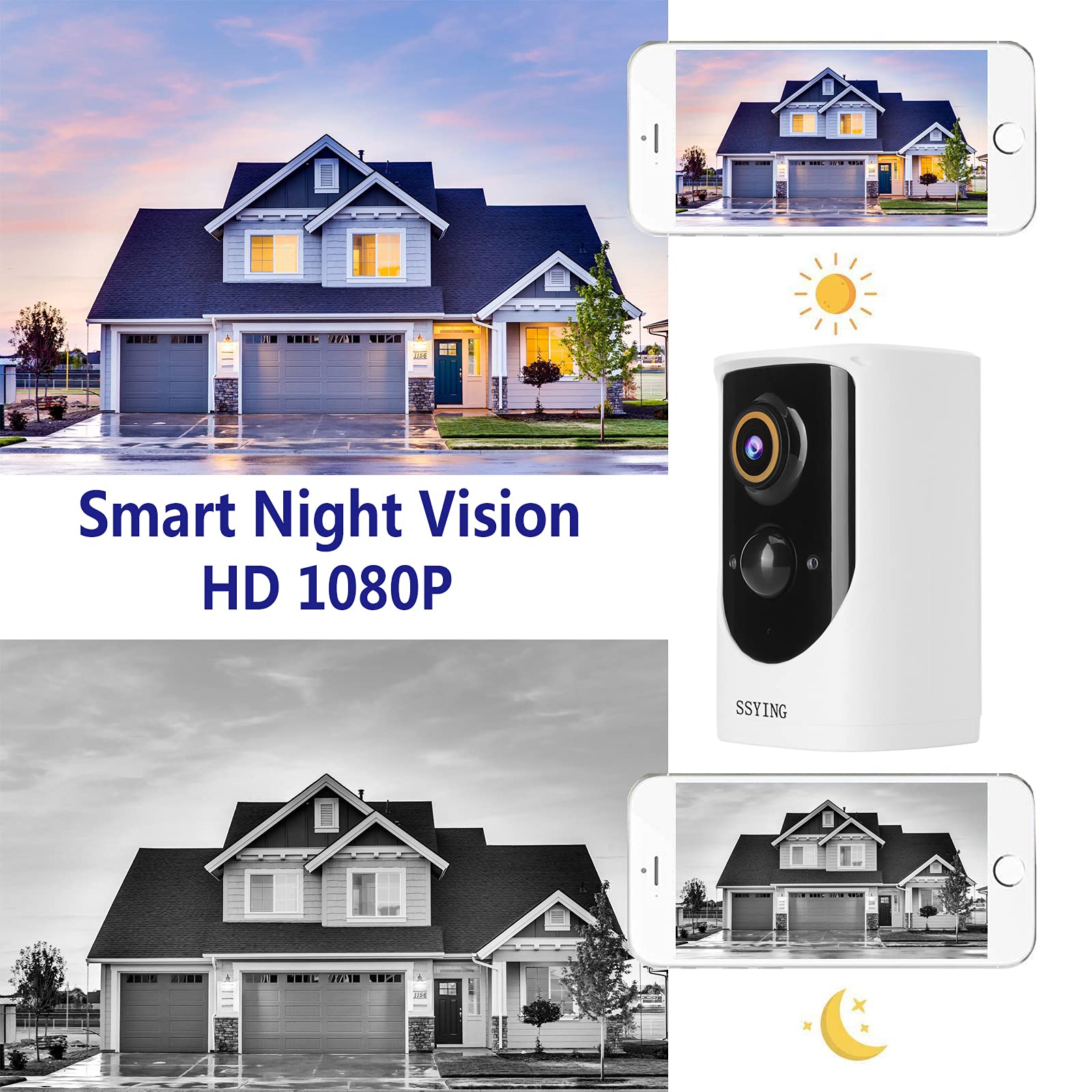 1080P Battery Home Security Camera System, Wire-Free Outdoor Security Camera System, Security Camera Outdoor Wireless WiFi, IP65 Waterproof, HD Night Vision,2-Way Audio(for iOS and Android) (White)