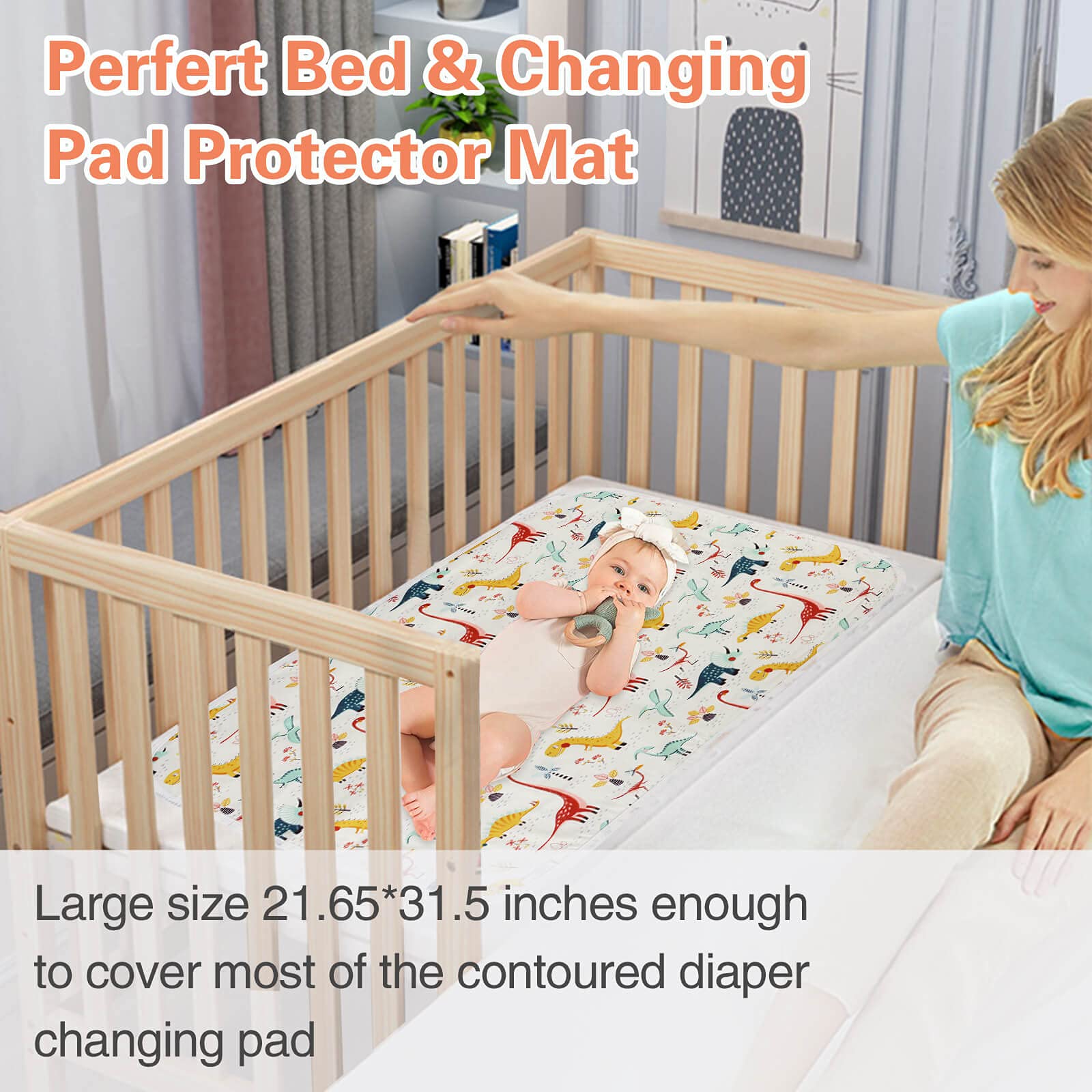 Baby Diaper Changing Pad, 21 5/8" x 31.5" Waterproof Changing Pad Liners 2Pack - Reusable Soft and Absorbent Portable Changing Mat(Dinosaur2PCS)