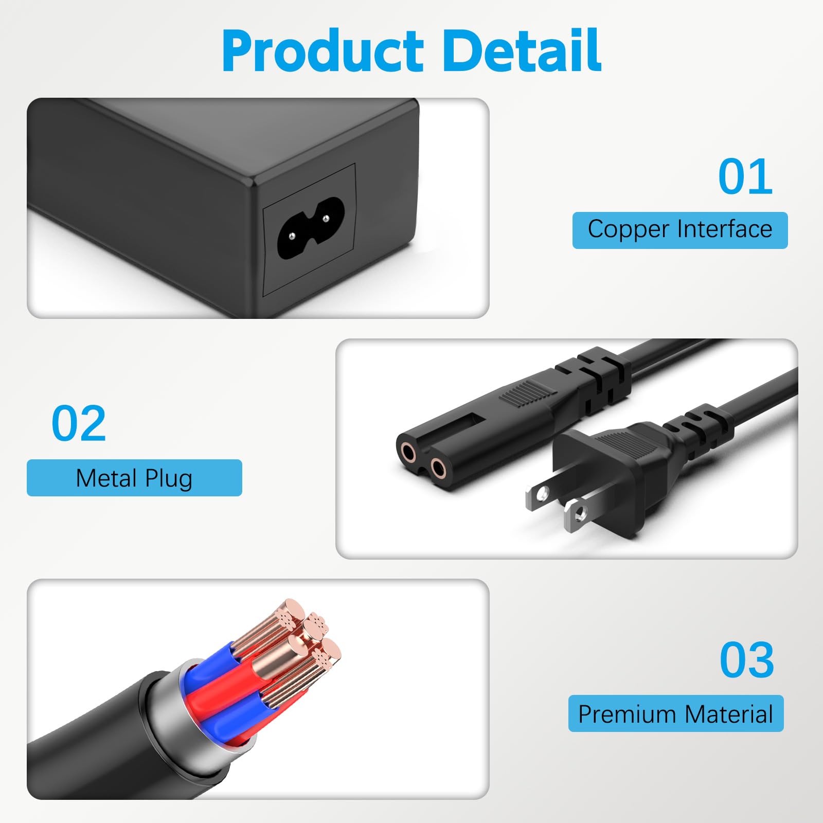 12V Power Cord for AOC Monitor 16" 20" 22" 23" 24" 27"; E1659FWU, E2043FK, E2243FW, E2243FWK, E2343FK, LM520, LM720, LM729, LM800, LM914; HP 2011X 2211X 2311X Replacement Power Supply Cord