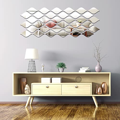 30 Pcs Teardrop Mirror Stickers Wall Decor Removable Acrylic Mirror Wall Stickers 3D Silver Mirror Wall Art Decals for Living Room Bathroom Home Office Background Decorations, 6 x 3.3 Inch