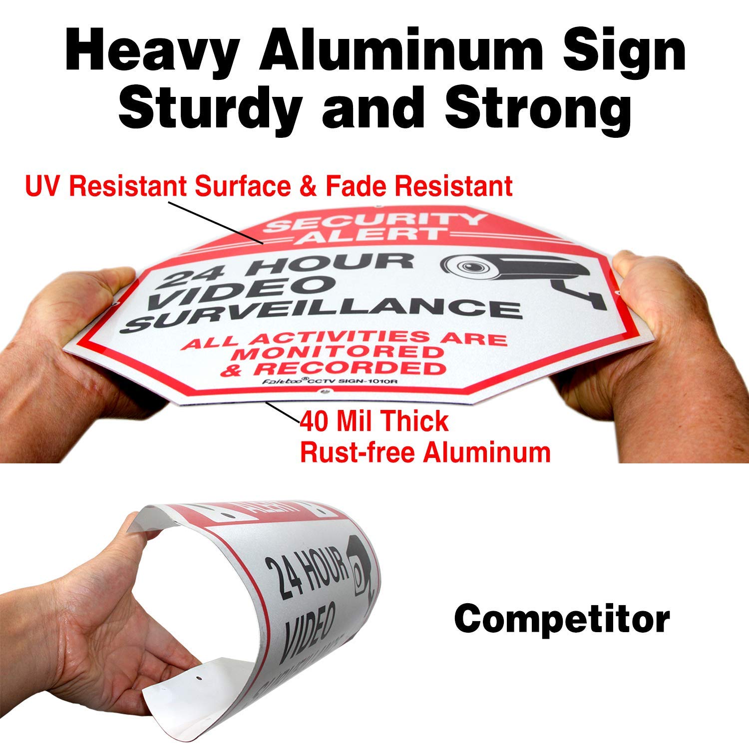 2-Pack Video Surveillance Sign, 10 x 10 Rust Free .040 Aluminum Security Warning Reflective Metal Signs, Indoor or Outdoor Use for Home Business CCTV Security Camera, UV Protected & Waterproof,Red