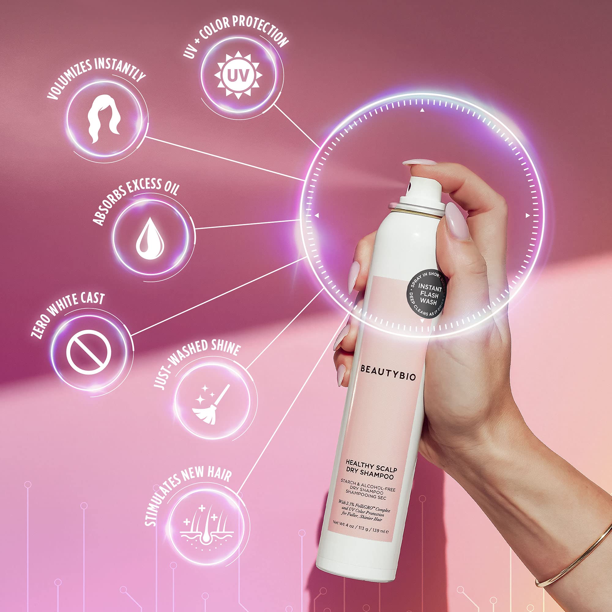 BeautyBio Healthy Scalp Dry Shampoo. Benzene Free, Starch & Alcohol-Free Dry Shampoo. Instantly Deep Cleans Roots for that just-washed volume, bounce, shine and scent in seconds.