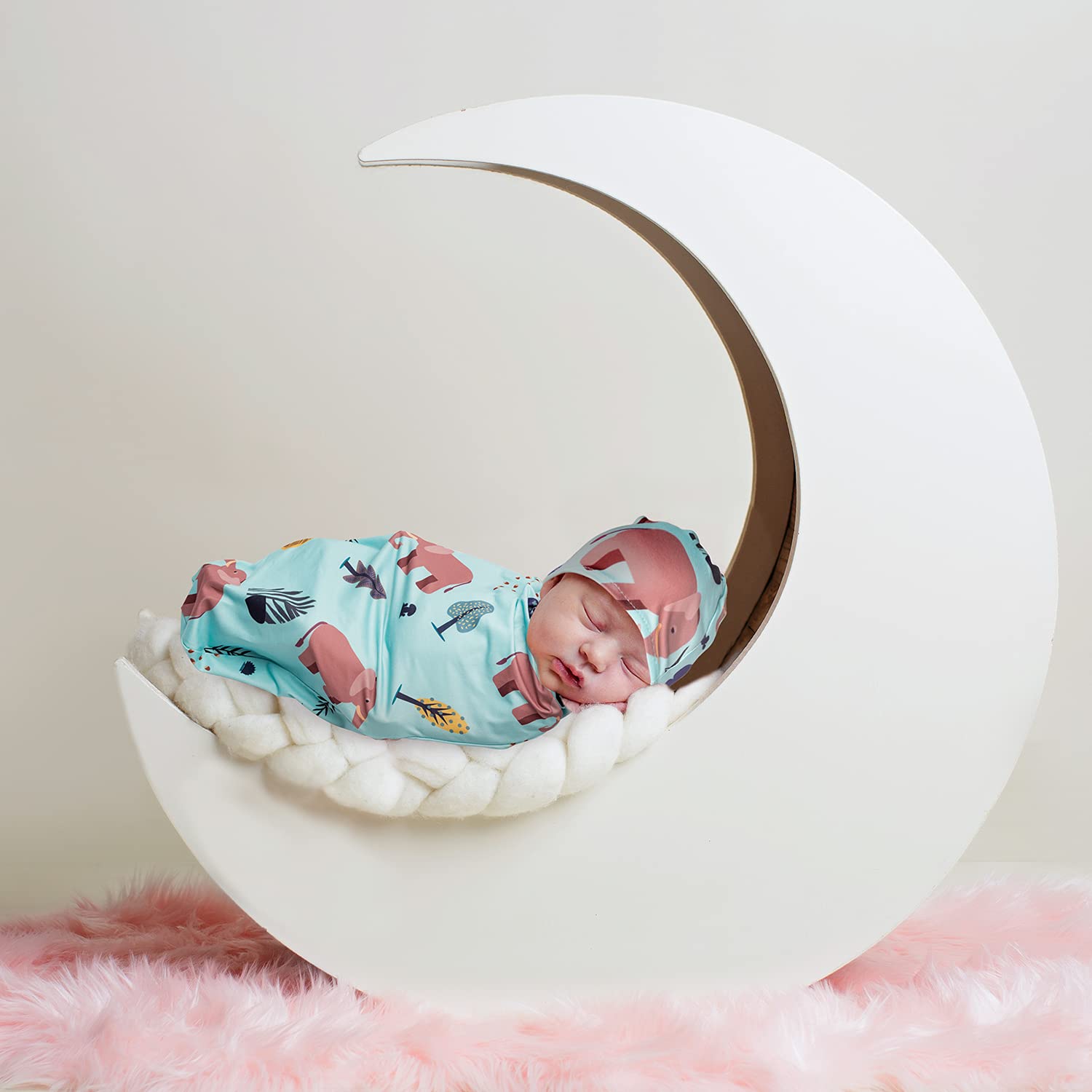 2pack Newborn Swaddle Blanket with Beanie Hat Set, Baby Stretchy Cotton Swaddle Sack 0-3 Months Infant Soft Sleep Sack Wrap Neutral Receiving Blanket for Baby Boy Girl (Bear & Elephant)