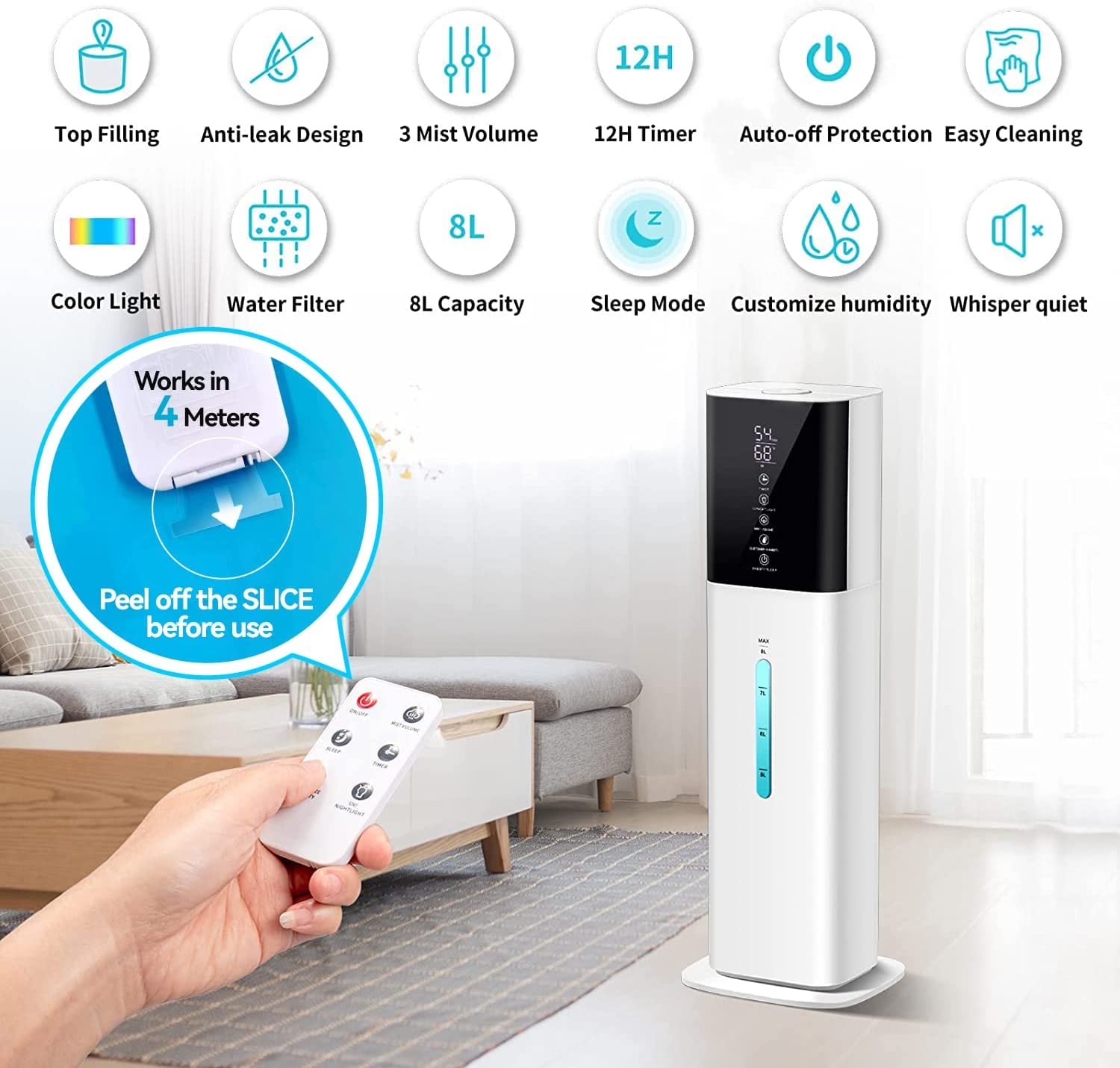 2.1Gal(8L) Humidifiers for Bedroom Large Room Whole House,3 Speed Humidifiers with led Light for Home
