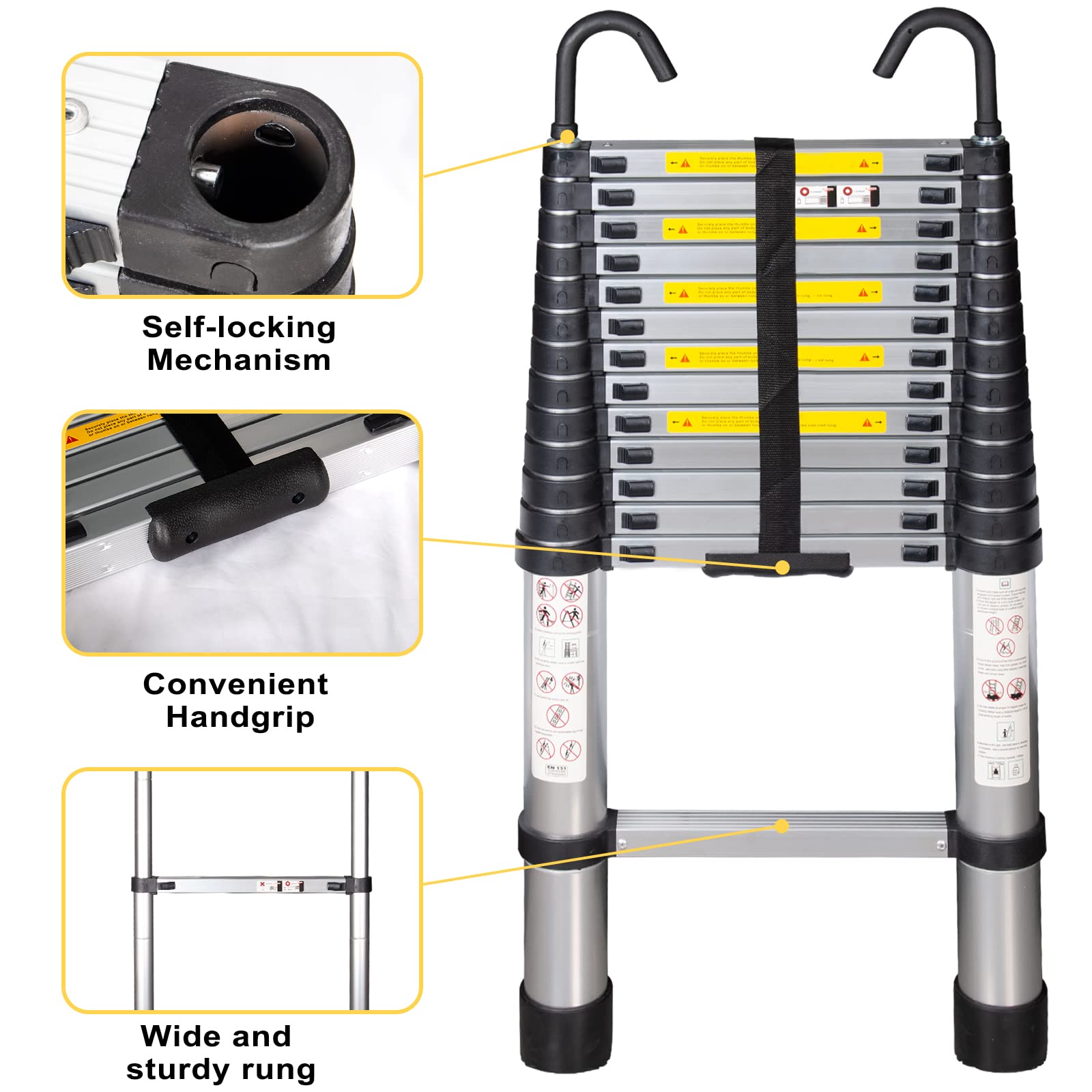 10.5FT Telescopic Ladder w/Non-Slip Feet Detachable Hooks,Aluminum Collapsible Portable Telescoping Ladder for Loft Roof Attic Ceiling,330 Lb Capacity Silver