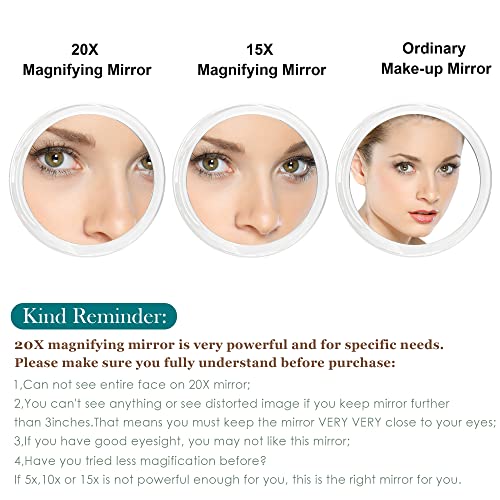 20x Magnifying Mirror with 3 Suction Cups, Use for Makeup Application, Tweezing, and Blackhead/Blemish Removal.Comes with 1PC Storage Bag, 1PC Tweezer, 1PC Reminder Card. 4Inches (Clear)