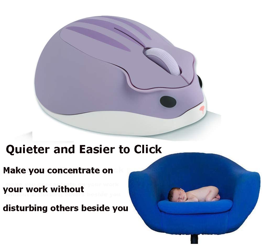 2.4GHz Wireless Cute Hamster Shape Less Noice Portable Mobile Optical 1200DPI USB Mice Cordless Mouse for PC Laptop Computer Notebook MacBook Kids Girl Gift (Purple)