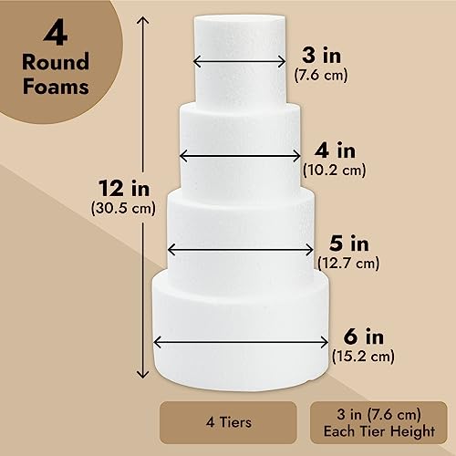 4 Piece Round Foam Cake Dummy Set for Decorating, 12" Tall Fake Cake in 4 Sizes for Birthday, Wedding Display (3, 4, 5, and 6 In)