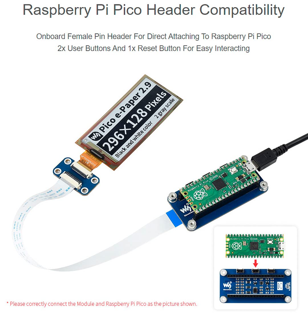 2.9inch Flexible E-Paper Display Module for Raspberry Pi Pico, 296×128 Resolution E-Ink Display Panel, Black/White Display Color, SPI Interface, Support Partial Refresh