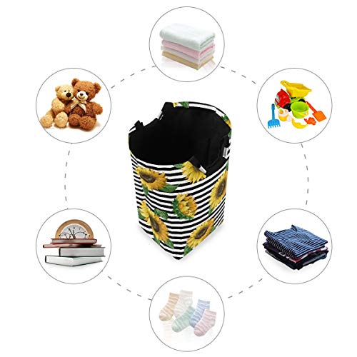 Aflyko Sunflower Black and White Stripes Laundry Basket Foldable Waterproof Laundry Hamper Large Storage Basket with Handles for Bathroom Washhouse Home Decor