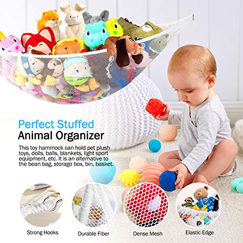 2 Pcs Hanging Mesh Storage Basket with 1 Stuffed Animals Toy Net Hammock, Hommtina Foldable Corner Organizer 3 Tier, Neatly Organize Kid’s Plush Toys and Save Space (Blue+Purple)