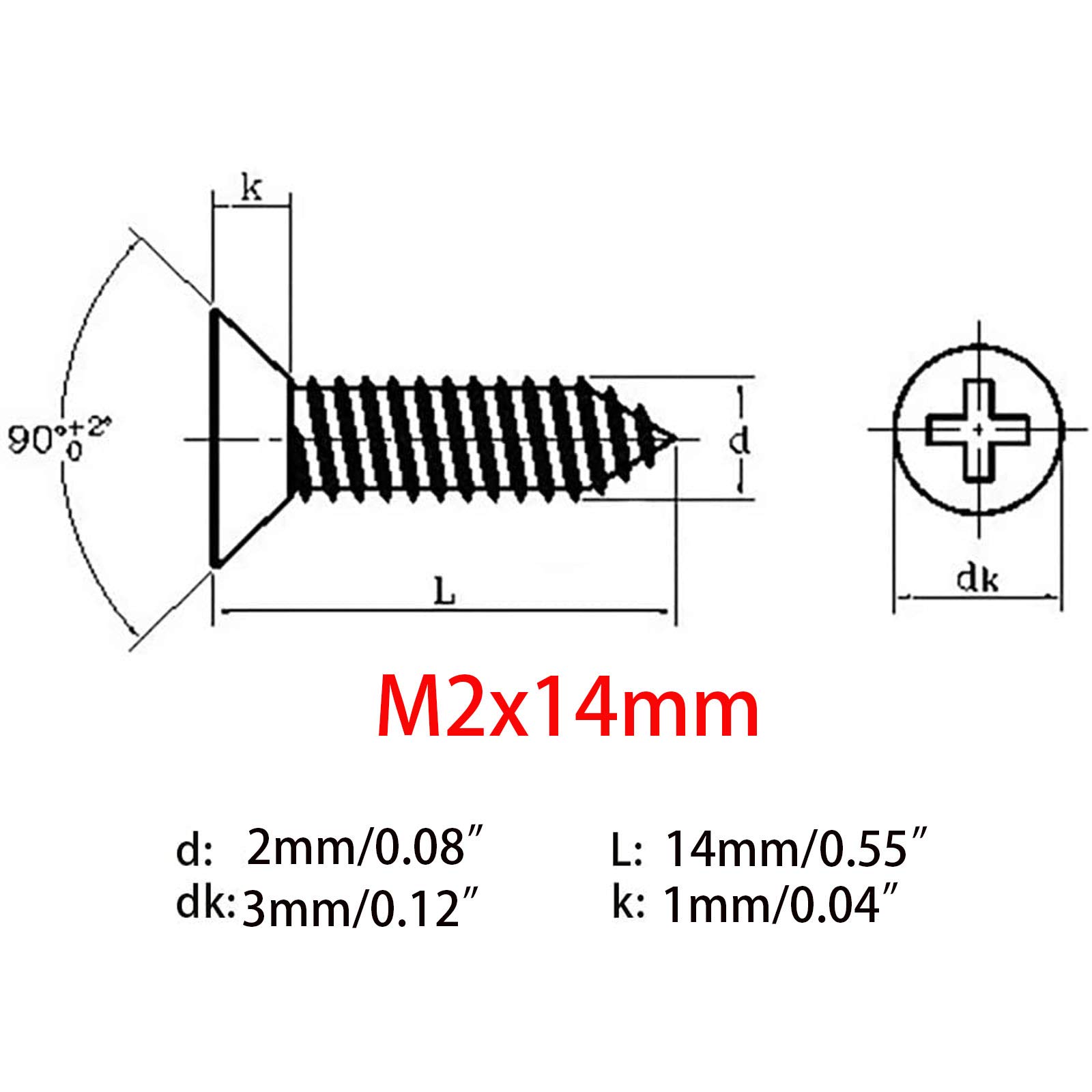 100 Pcs M2x14mm Flat Head Wood Self Tapping 304 Stainless Steel Screw Phillips Head Self Drilling