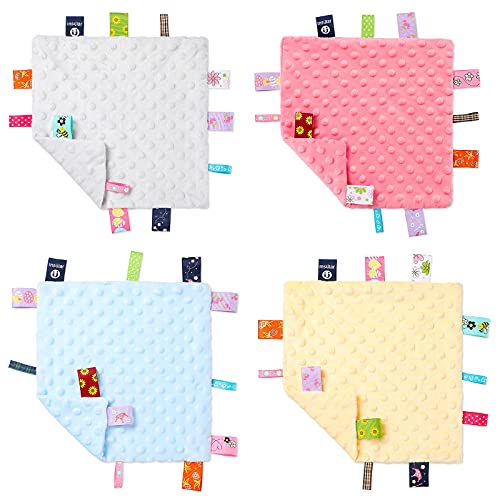 4 Pieces Baby Tag Security Blanket Baby Soothing Plush Blanket Sensory Soft Comforter Blanket Baby Animal Nursery Bed Blanket for 0-12 Months Babies, 9.5 x 9.5 Inch (Grey, Pink, Blue, Yellow)