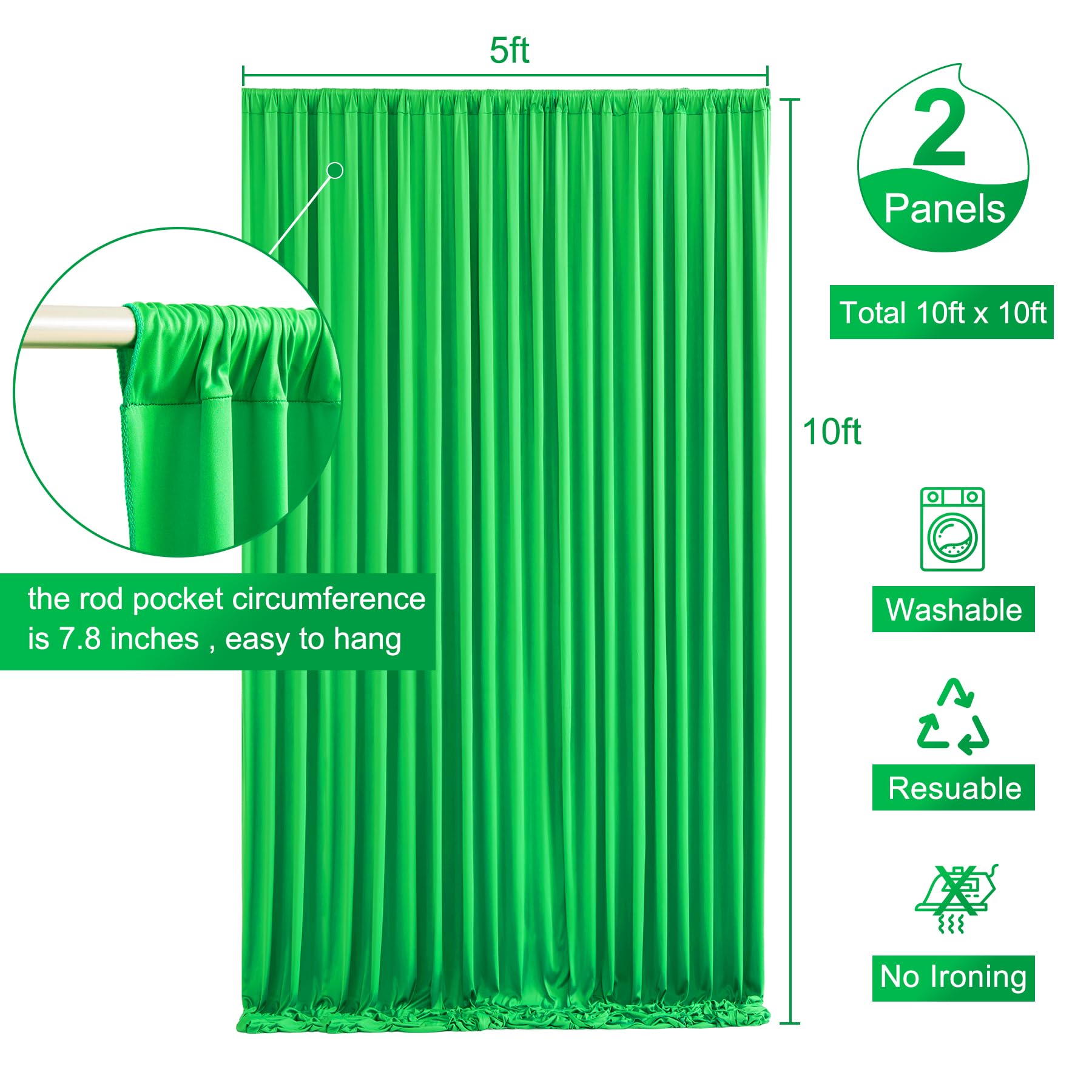 10x10 Green Backdrop Curtain for Parties Baby Shower Wrinkle Free Green Photo Curtains Backdrop Drapes Fabric Decoration for Birthday Party 5ft x 10ft,2 Panels