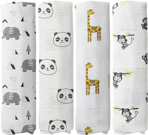 100% Muslin Swaddle Blankets,Baby Swaddling Blankets for New Born, Baby Receiving Blankets Unisex, Soft, Warm and Cosy Baby Blankets Pack of 4, Size 47 x 47 inches,Gift for New Mom Animal Cloud