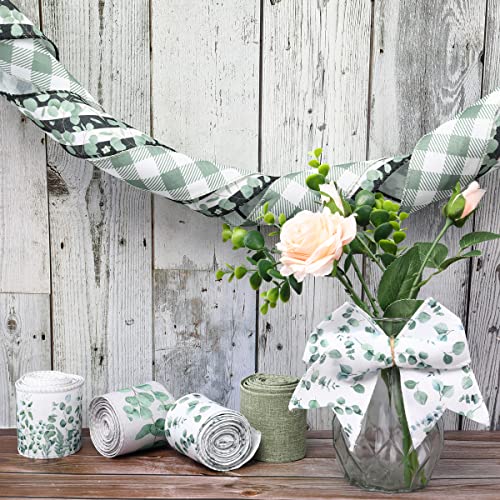 30 Yards Eucalyptus Wired Ribbon Sage Green Leaves Burlap Ribbons Greenery Decorative Ribbon Checkered Stripe Ribbon for Wedding Party Bridal Bouquets Spring Bow Wreath Making DIY Crafts