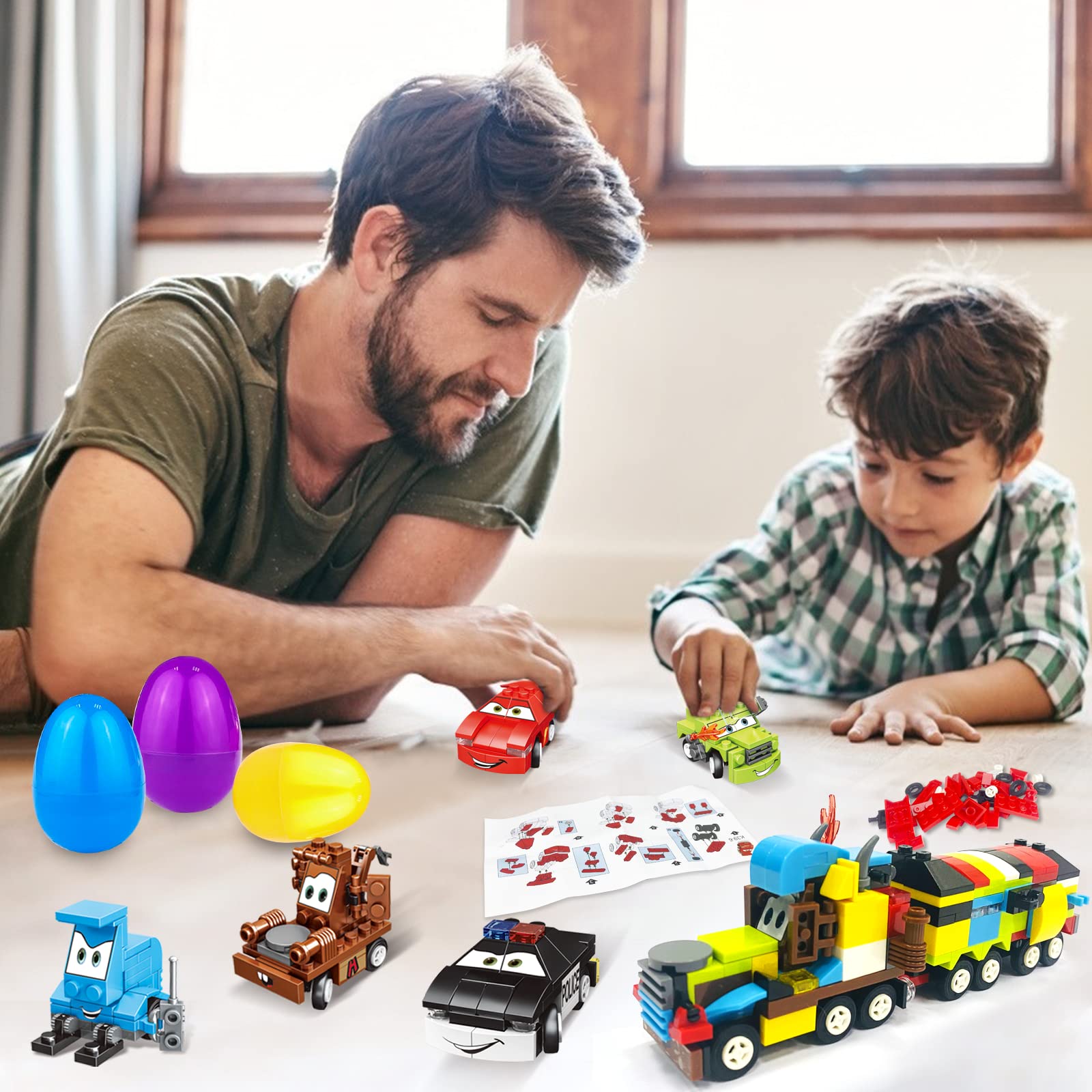 12 Pack 3" Large Filled Easter Eggs with Stem Toy Cars Kids Easter Basket Stuffers Plastic Surprise Egg Building Blocks 6 in 1 Transform Construction Vehicle Easter Toy Boys Girl Egg Hunt