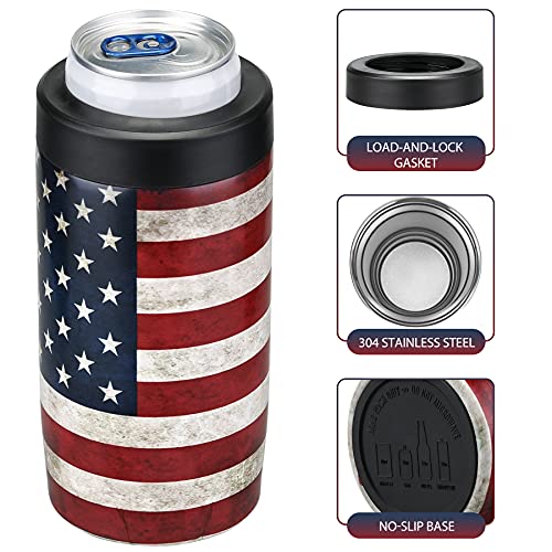 2 Pack Slim Can Cooler, 4-IN-1 Can Insulator for 12 Oz Beer & Soda, Double Wall Stainless Steel Can Sleeves Keep Your Beverages Cold (American Flag&Black)