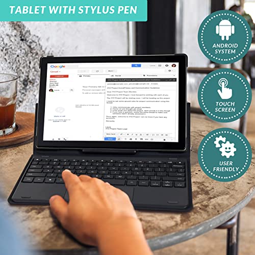 10 Inch Android Tablet -2 in 1 Tablet 1080p HD Display, 5000 mAH, Dual Camera, WiFi Compatibility, Quad-Core Processor, 2GB RAM, 32GB Storage, Magnetic Keyboard, Stylus Pen & Case Included- Silver