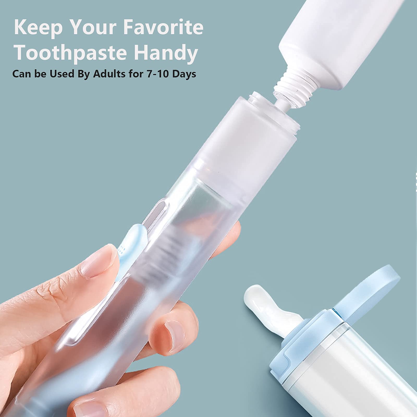 2Pcs Toothbrushes Kit Fold Travel Size Built-in Travel Toothpaste Container, Including 2 Cleaner Head Soft Bristles for Travel, Camping, School, Business Trip (Blue, White)