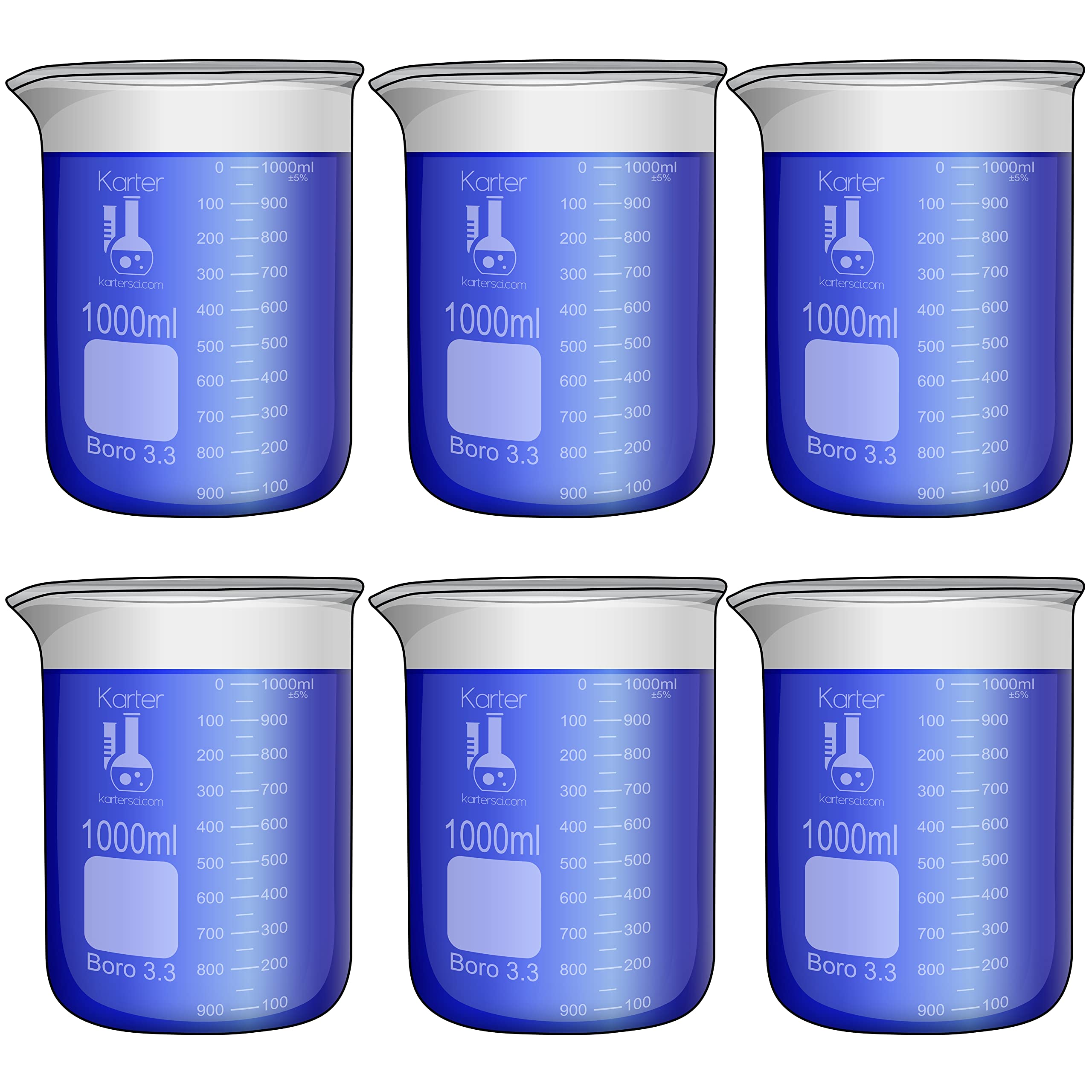 1000ml Beaker, Low Form Griffin, Borosilicate 3.3 Glass, Double Scale, Graduated, Karter Scientific 213D19 (Pack of 6)