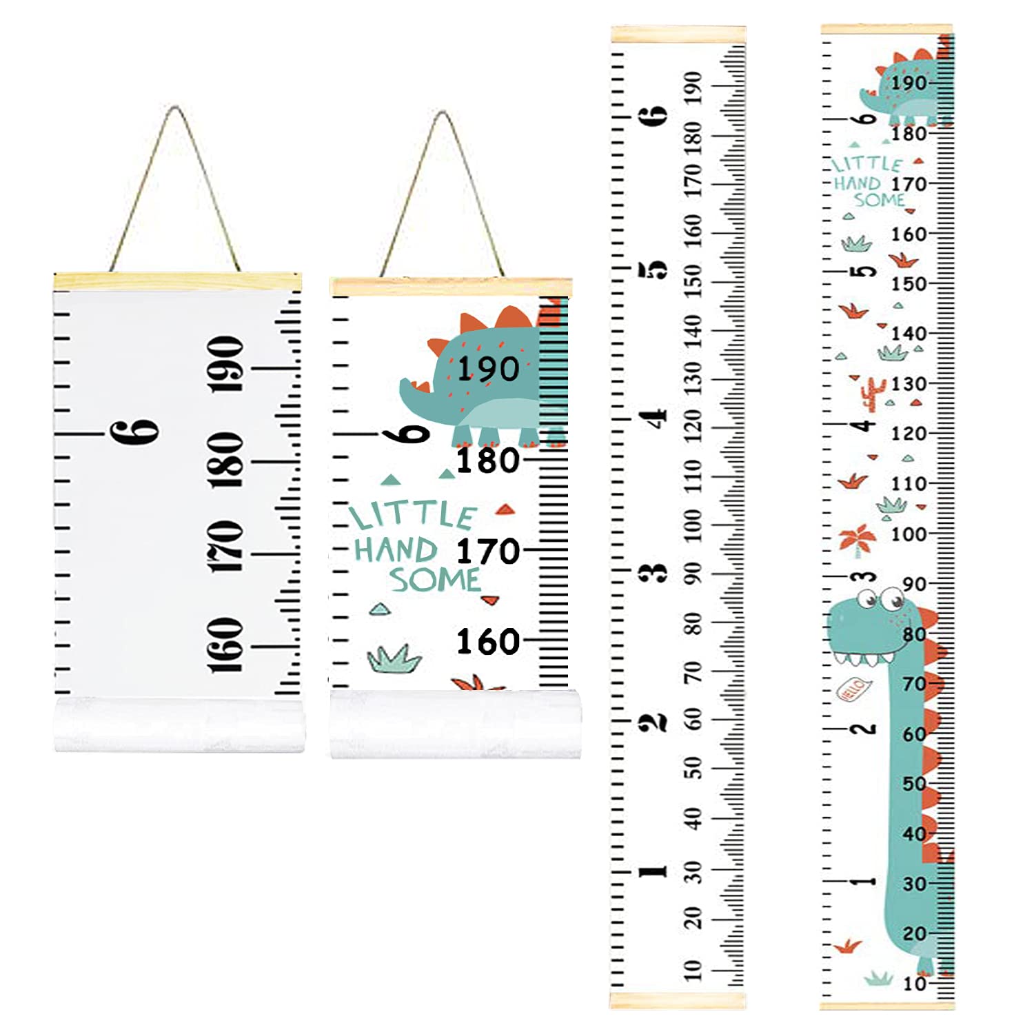 2 Pack Kids Baby Hanging Growth Chart,Hanging Ruler Wall Decor Ruler,Wood Frame Fabric Canvas Removable Height Measurement Ruler for Kids,Toddlers and Babies(Dinoaurs and Basic Styles)