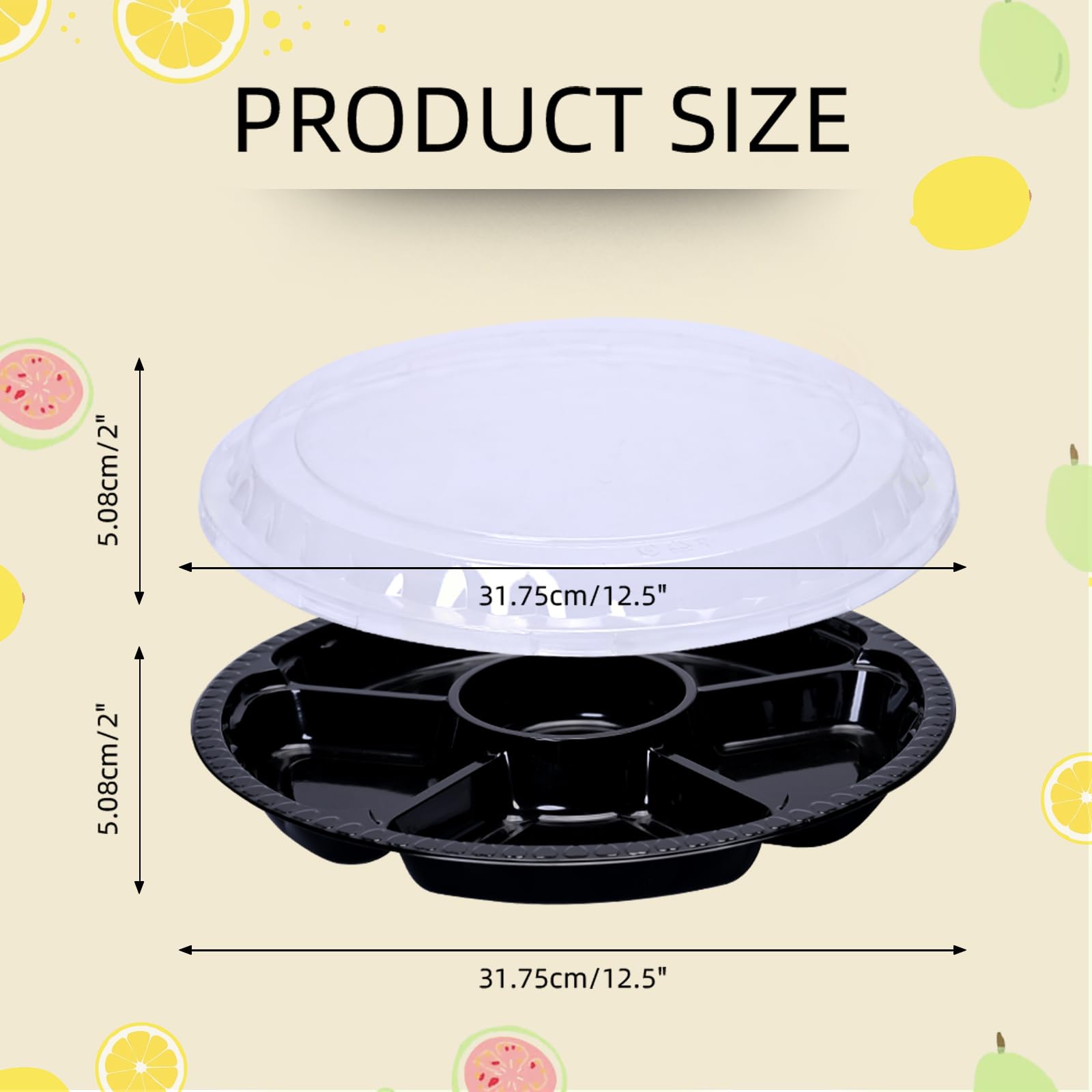 10 Pcs Plastic Appetizer Serving Tray with Lid Round 12.5 Inch Tray with Lid Disposable Serving Fruit Veggie Tray with 6 Divided Compartment Tray Fruit Snack Veggie Trays for Catering for Party