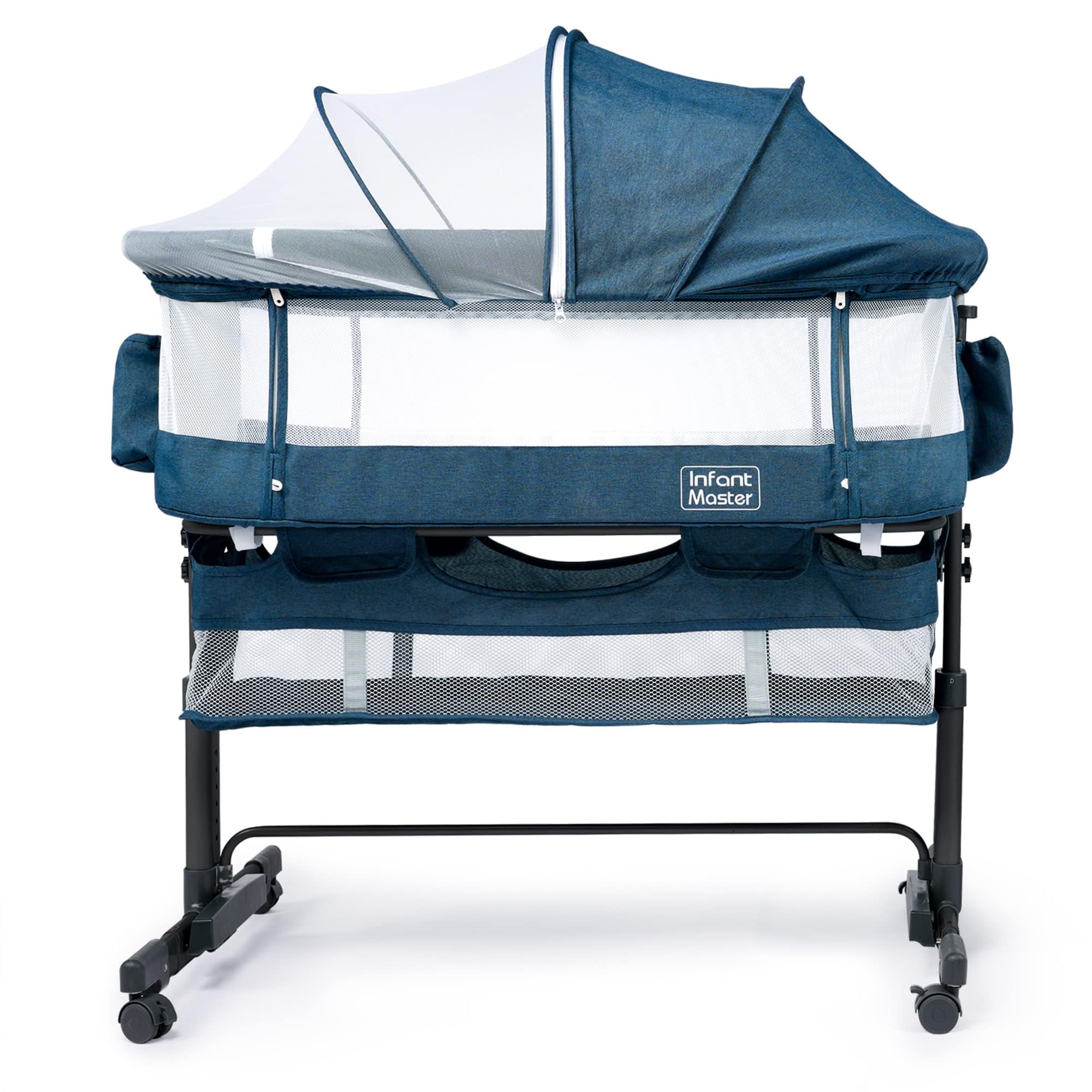 3 in 1 Baby Bassinet, Upgraded Beside Crib with 360° Highly Visible Mesh wall, Comfy Co-sleeper Bassinet with mattress, 5 Level Adjustable Height, Foldable & Portable BabyTravel Crib for Newborn, Blue