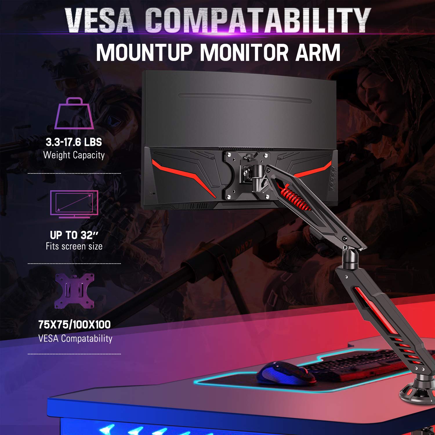 MOUNTUP Triple Monitor Desk Mount& Single Monitor Stand Fully Adjustable Bundle for Computer Screen up to 27 inch, Holds up to 17.6lbs