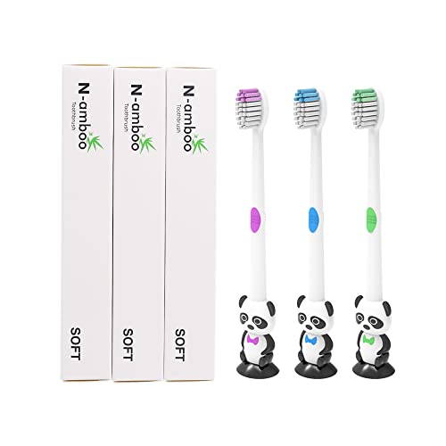 12 Pieces Kids Cartoon Panda Toothbrush Soft Bristles with Sunction Cup Individually Wrapped for Boys and Girls Toddler 3-12 Years