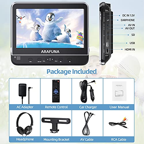 10.1" Car DVD Player with Headrest Mount, ARAFUNA Headrest DVD Player with Headphone, HDMI Input, 1080P Video Support, Clamshell Design & Bottom Speakers, AV in/Out, USB/SD, Regions Free, Last Memory
