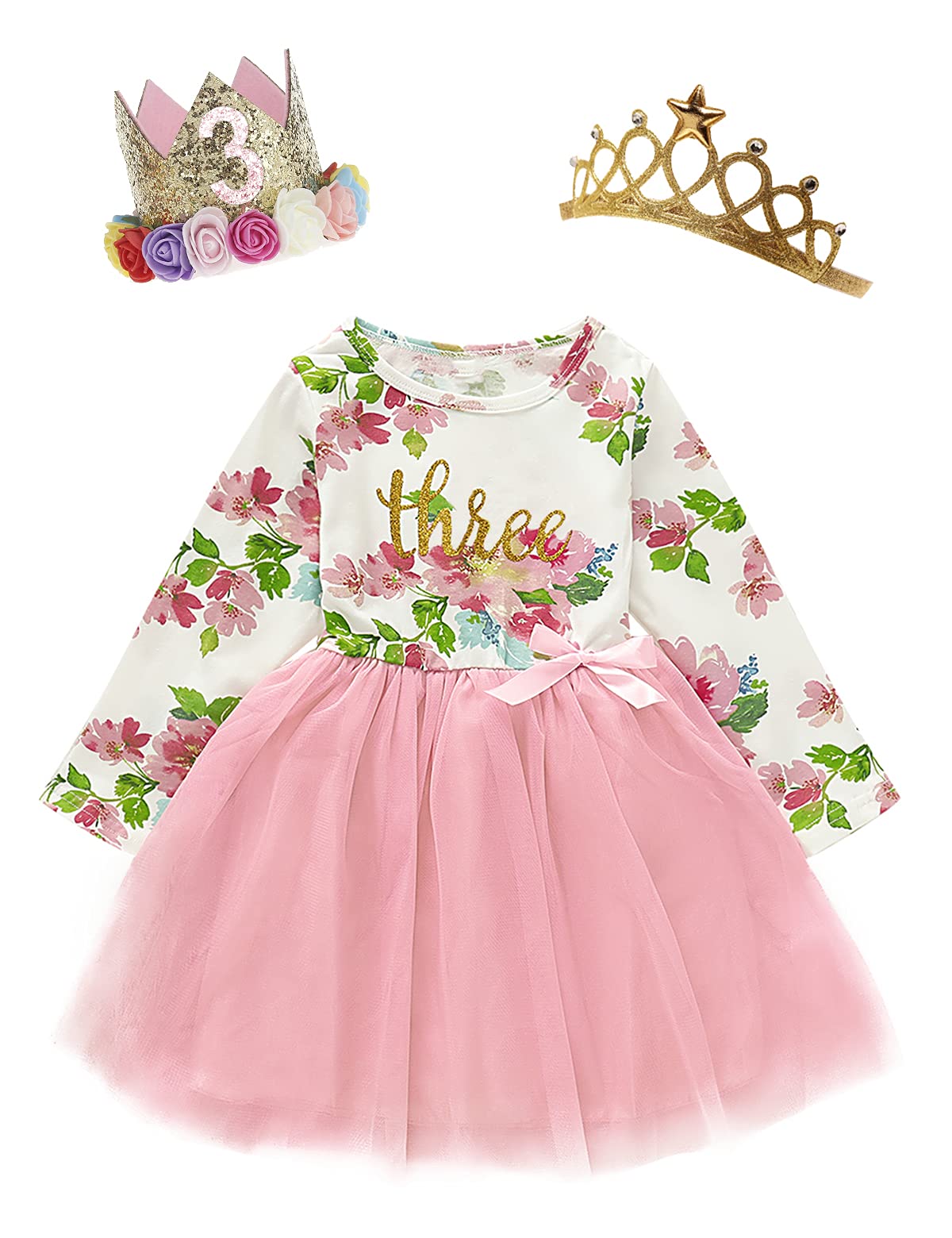 3rd Birthday Girl Outfit Three Year Old Birthday Outfit Girl (Pink Long, 3T)