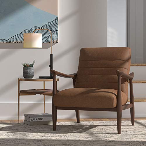 Amazon Brand β Rivet Spear Mid-Century Modern Channel Tufted Leather Accent Chair with Wood Arms, 29.1"W, Cognac Brown