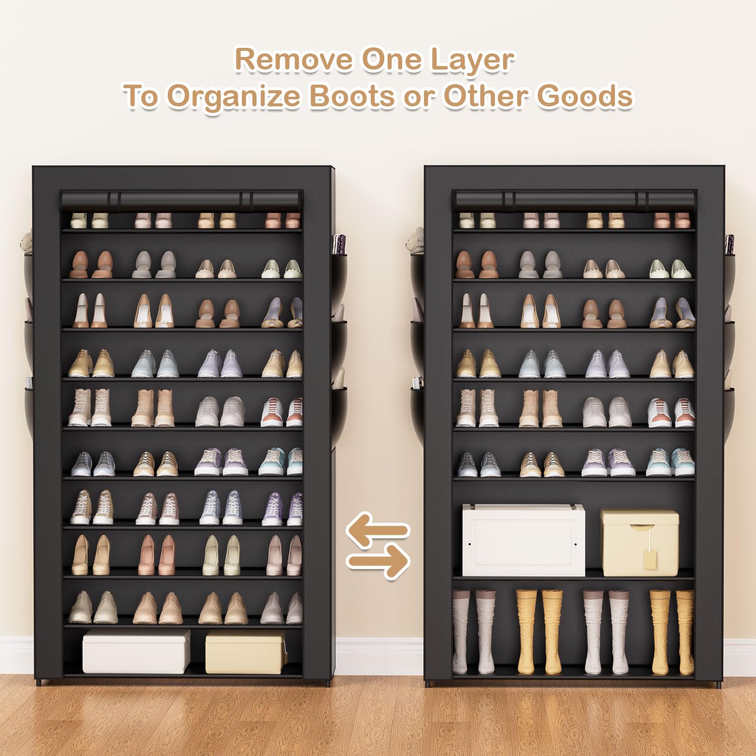 10 Tiers Large Shoe Rack with Covers- Large Capacity 40-50Pairs Shoes Rack Storage Organizer Closed Tall Shoe Rack Organizer with Covers for Closet Entryway Garage, Stackable Tall Shoe Shelf Storage