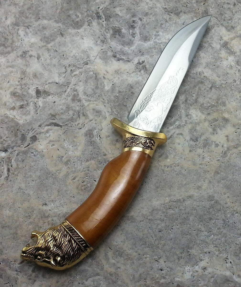 11" Bear Head Golden Fixed Blade Collectors Survival Hunting Knife W/Decorative Sheath by Survival Steel