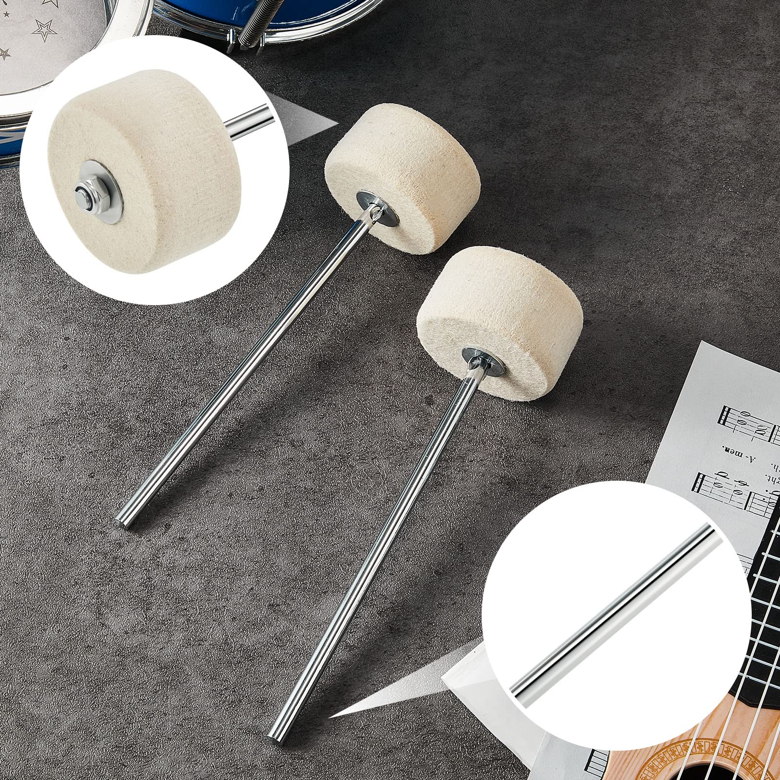 2 Pieces White Felt Bass Drum Beater Set, Kick Drum Foot Pedal Beater Drum Accessories Parts for Kick Drum Pedal