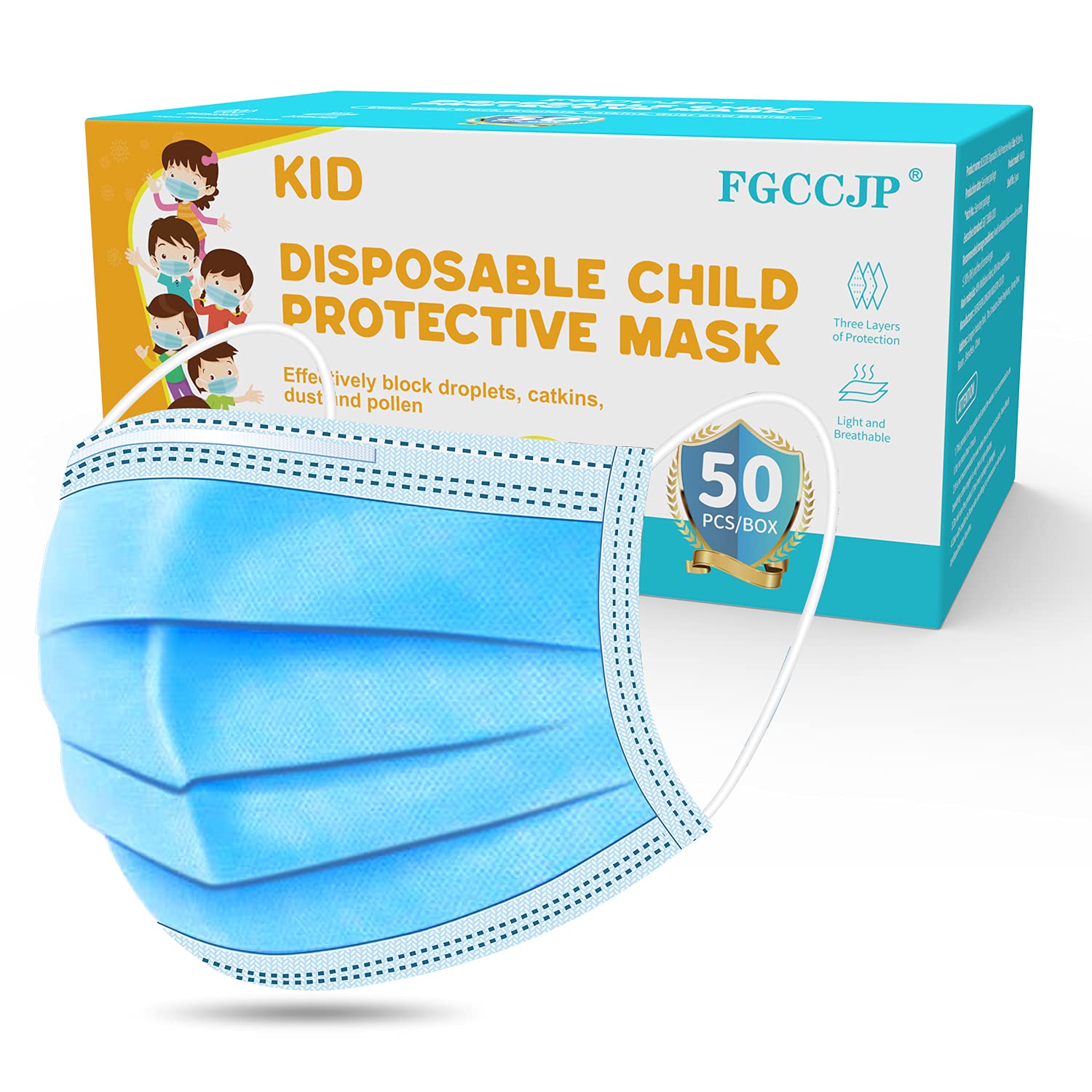 FGCCJP Face Mask for Kids (50pcs), Kids Disposable Mask 3-layer with Elastic Ear Loops, Suitable for Boys Girls Kids Children
